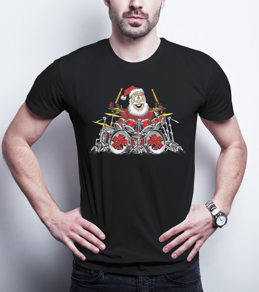 Christmas Santa Drummer Playing Red Drum Kit T-Shirt