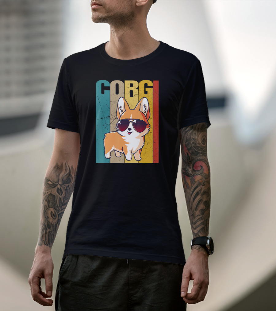 Corgi With Sunglasses Retro Stripes T-Shirt