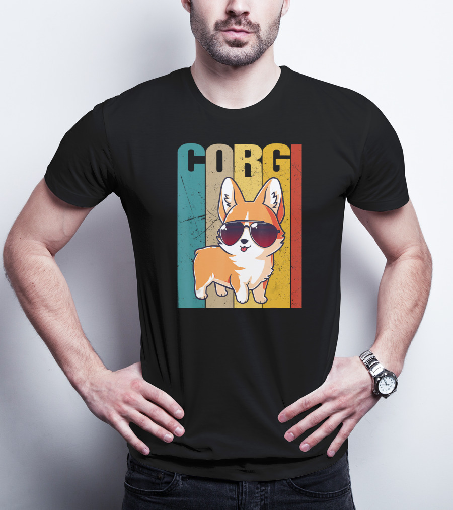 Corgi With Sunglasses Retro Stripes T-Shirt