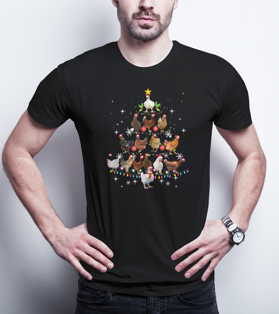 Funny Chickens Christmas Tree Decorated With Santa Hats And Holiday Ornaments T-Shirt