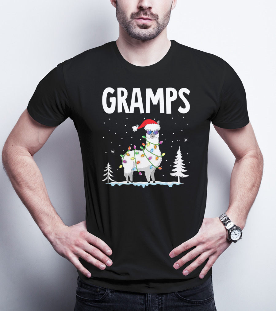 GRAMPS Llama Christmas Lights Holiday Snow Santa Hat T-Shirt