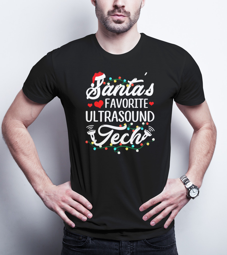 Santa's Favorite Ultrasound Tech Christmas Lights Santa Hat Hearts T-Shirt
