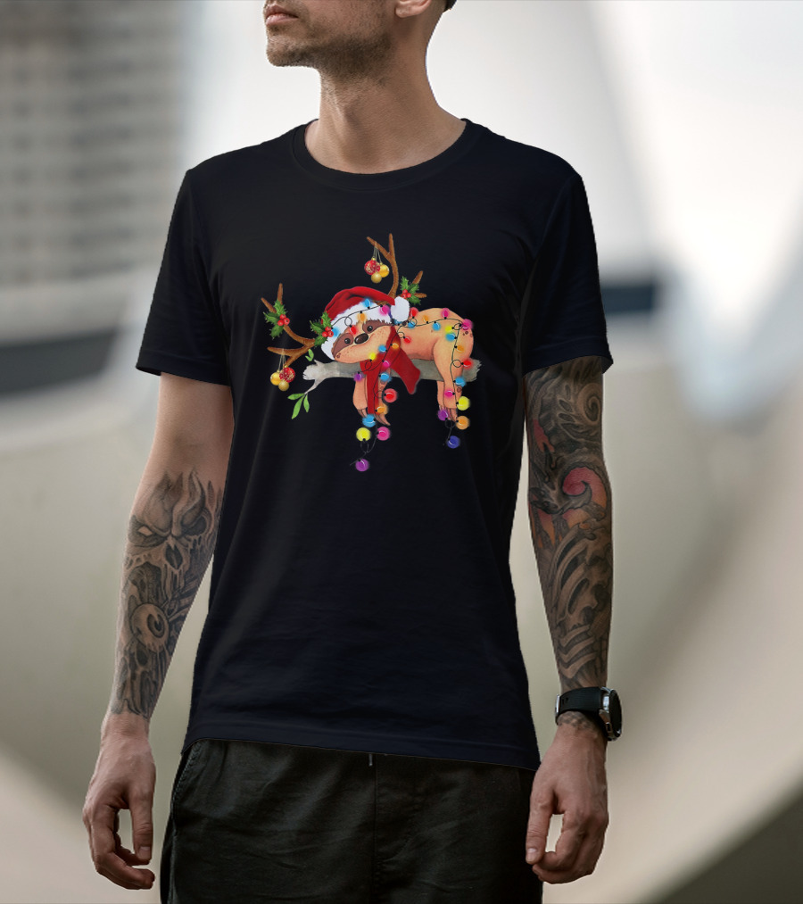 Santa Sloth With Gorgeous Reindeer Antlers And Christmas Lights T-Shirt