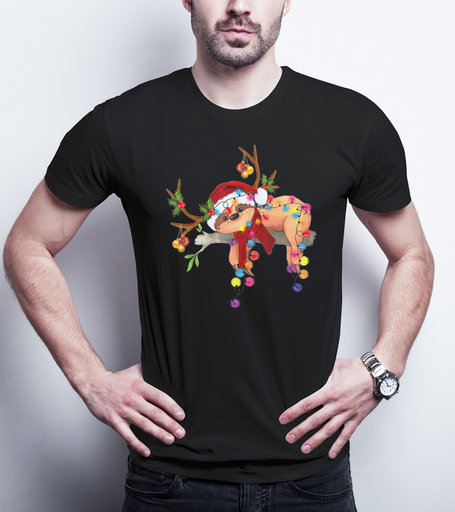 Santa Sloth With Gorgeous Reindeer Antlers And Christmas Lights T-Shirt