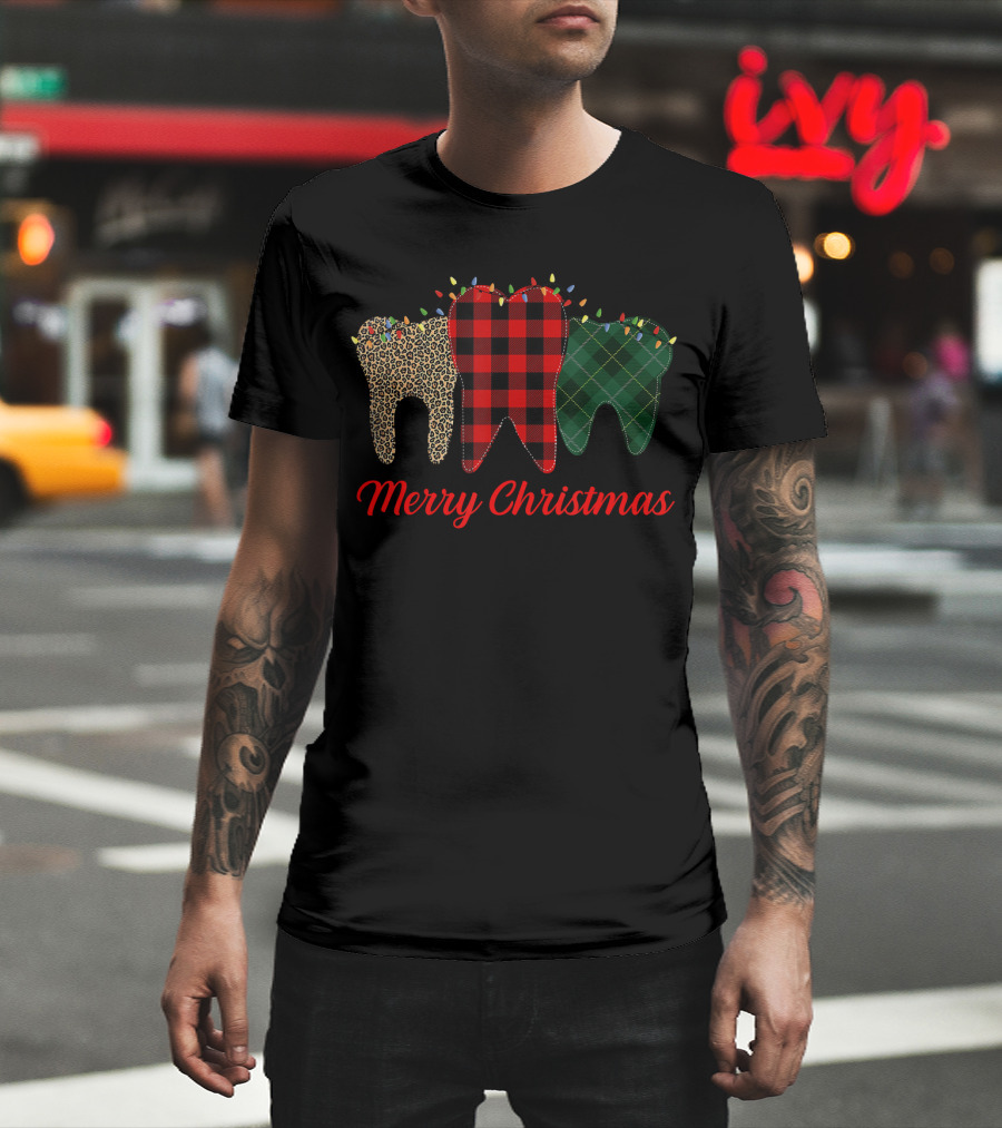 Merry Christmas Teeth Plaid Leopard Pattern With Holiday Lights T-Shirt