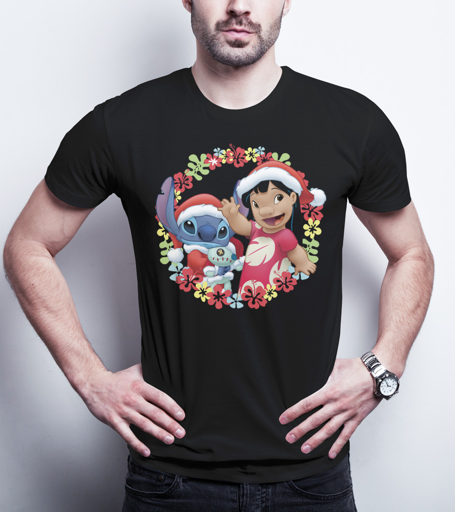 Disney Lilo And Stitch Christmas Santa Hats Hawaiian Flower Wreath T-Shirt