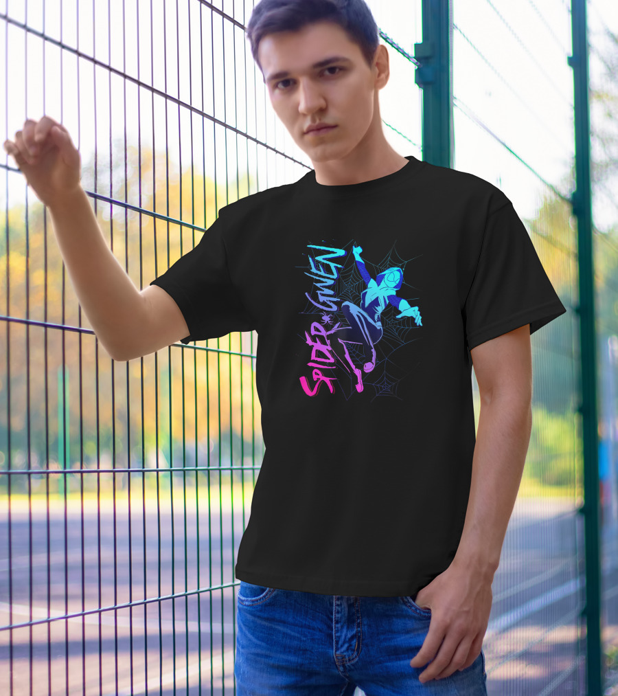 Marvel Spider Gwen Neon Gradient Web Jumping Pose T-Shirt