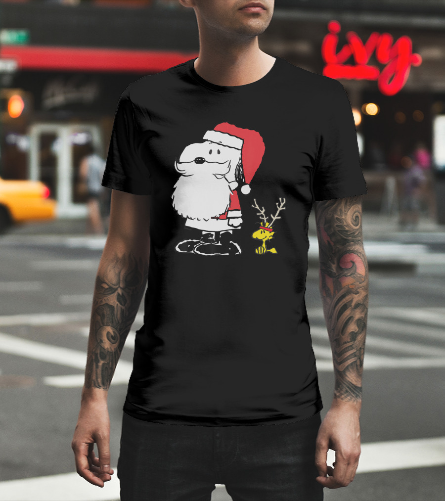 Peanuts Snoopy And Woodstock In Santa And Antlers Holiday Shop T-Shirt