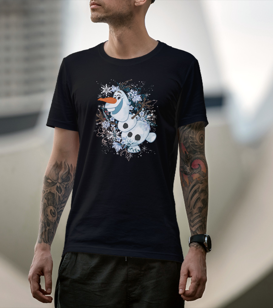 Disney Frozen Olaf Joyfully Dancing Among Snowflakes And Flowers T-Shirt