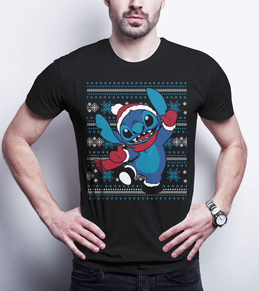 Disney Stitch Happy Holiday Festive Sweater Design With Snowflakes And Santa Hat T-Shirt