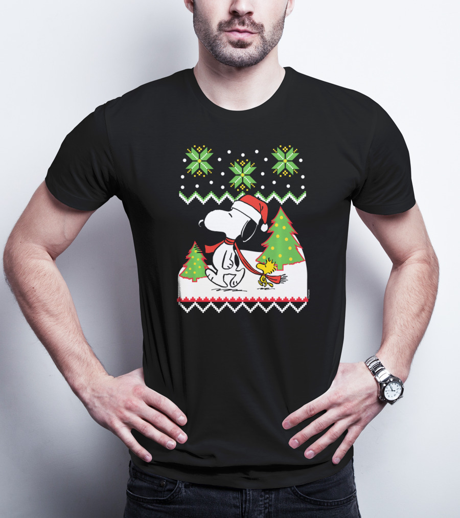 Peanuts Santa Snoopy Woodstock Snow Christmas Trees T-Shirt