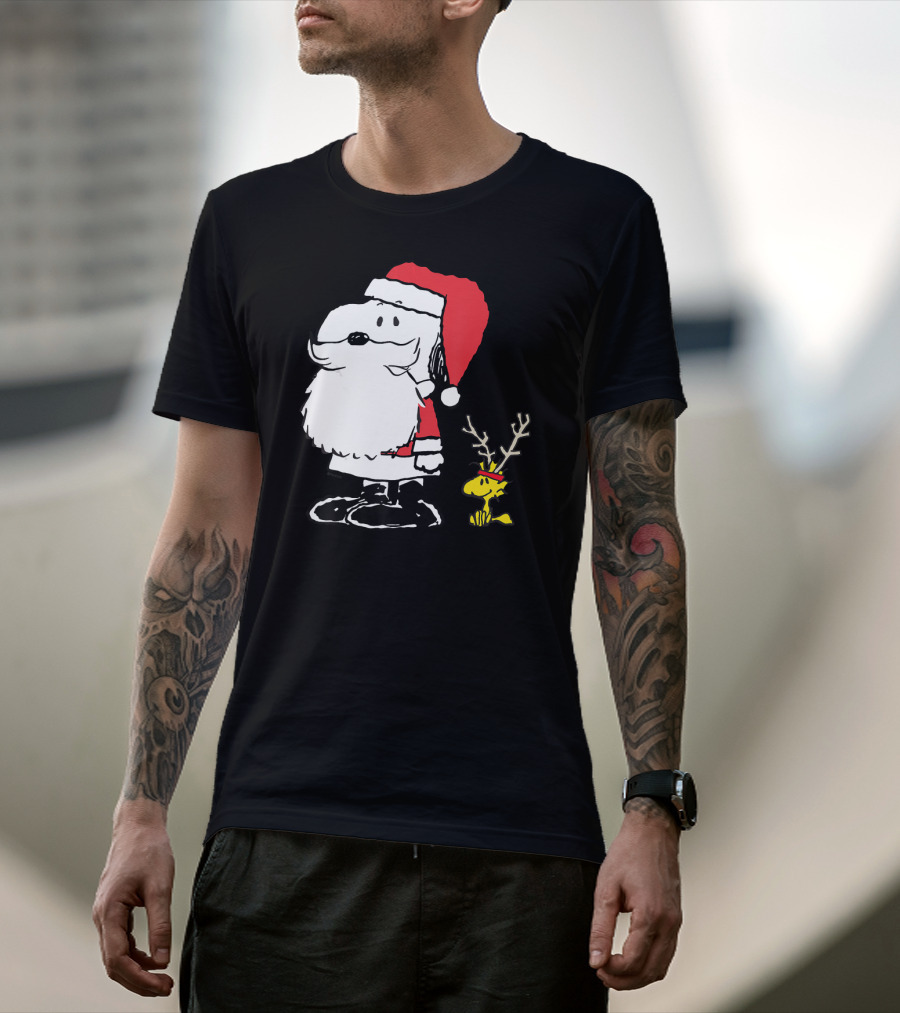 Snoopy Santa With Woodstock Antlers Peanuts Holiday T-Shirt