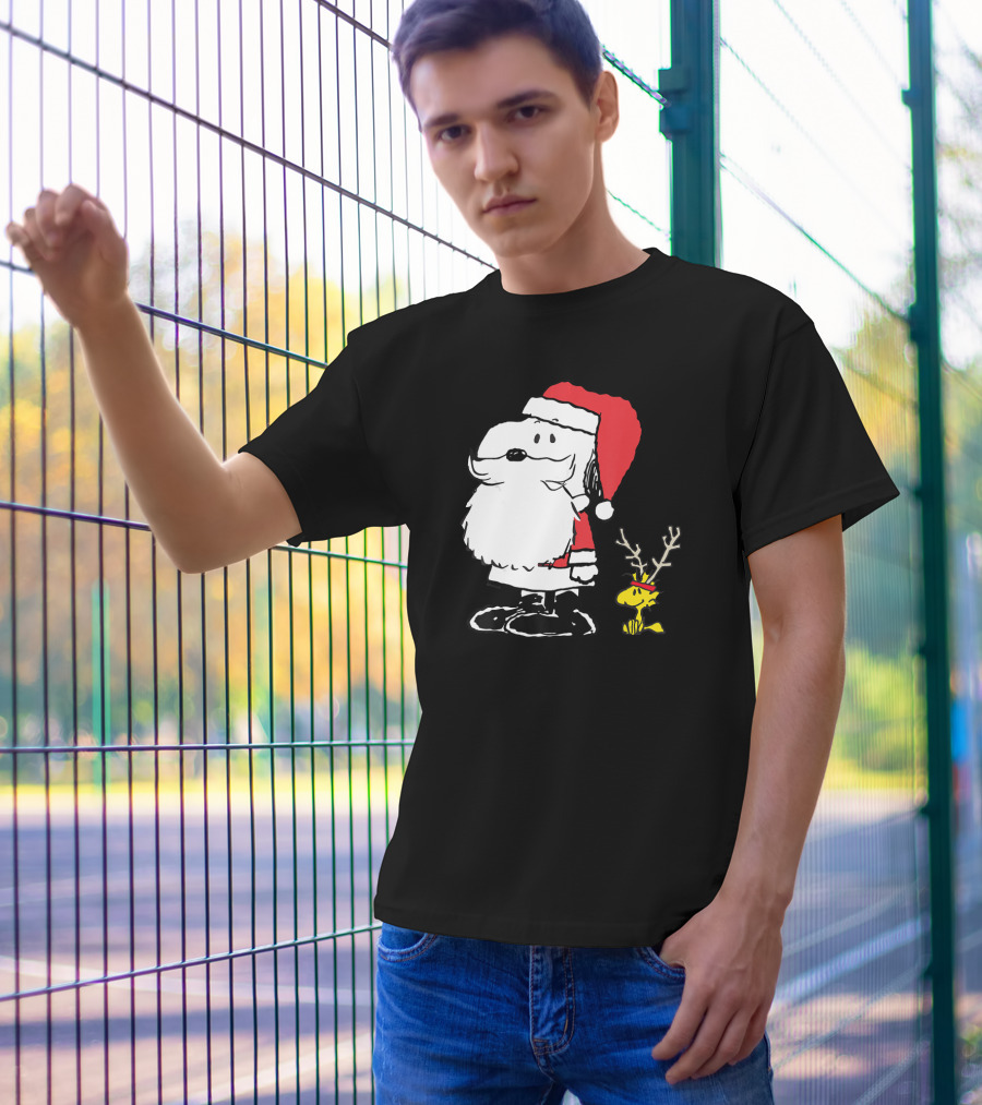 Snoopy Santa With Woodstock Antlers Peanuts Holiday T-Shirt