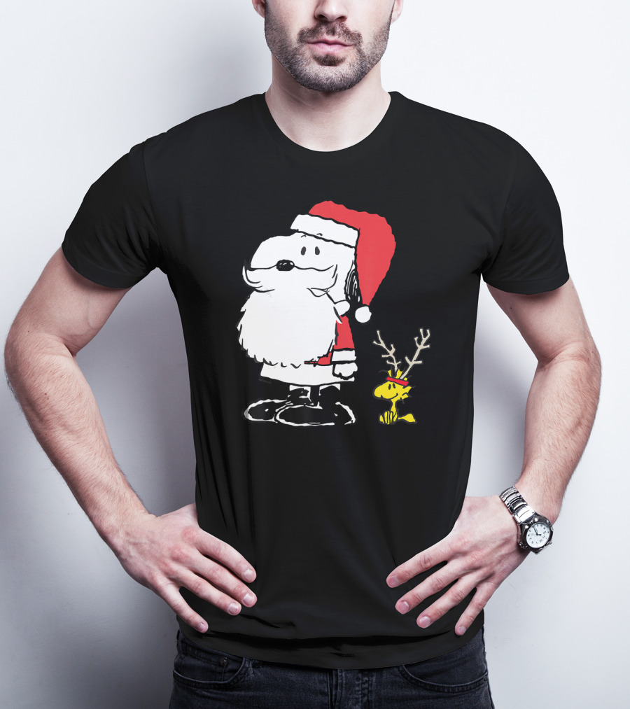 Snoopy Santa With Woodstock Antlers Peanuts Holiday T-Shirt
