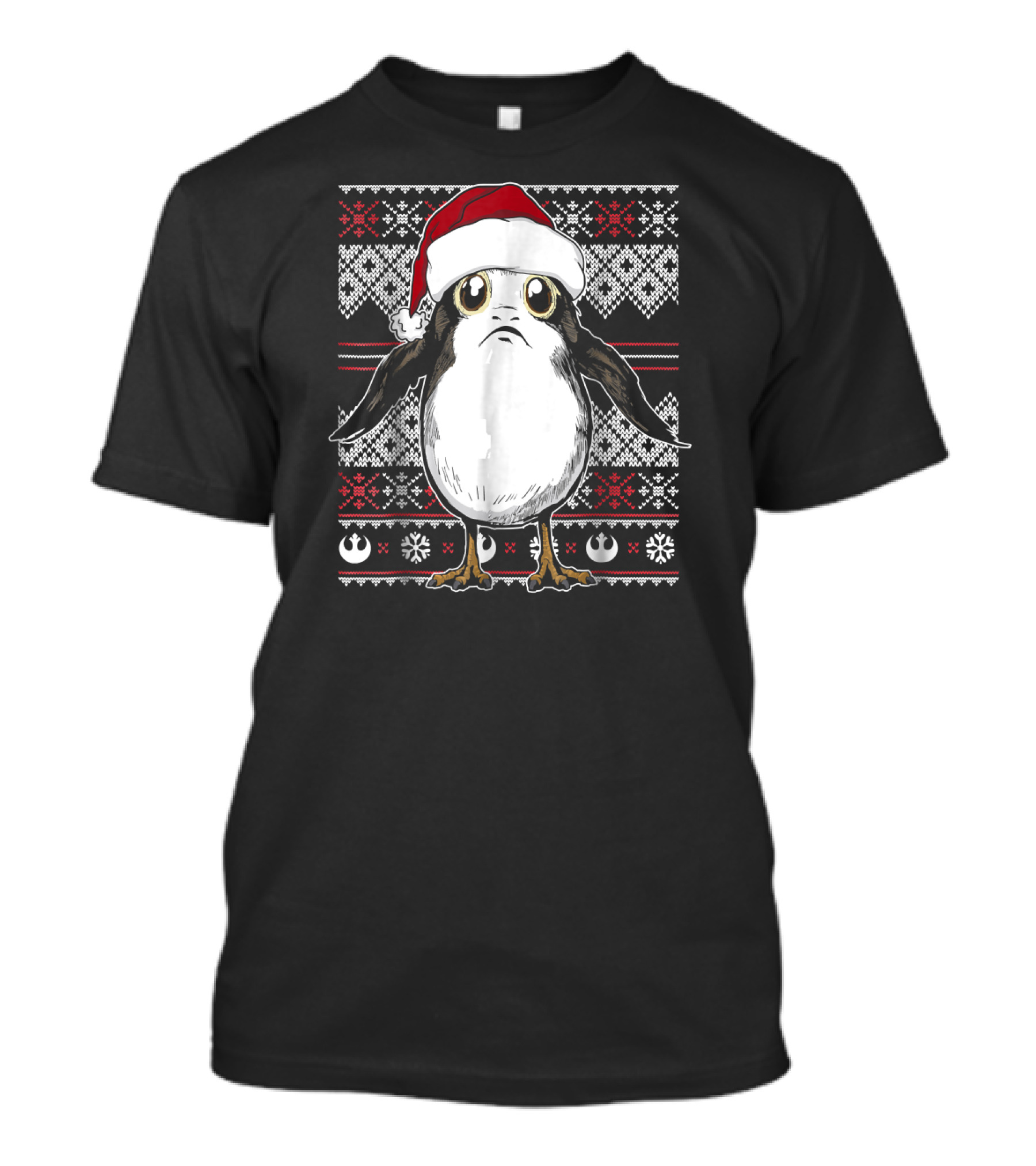 Star Wars Porg Santa Hat Christmas Sweater Pattern Rebel Alliance Snowflakes T-Shirt