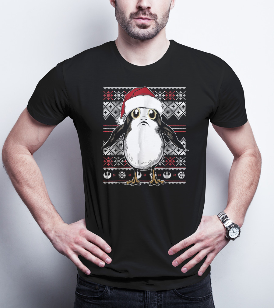 Star Wars Porg Santa Hat Christmas Sweater Pattern Rebel Alliance Snowflakes T-Shirt
