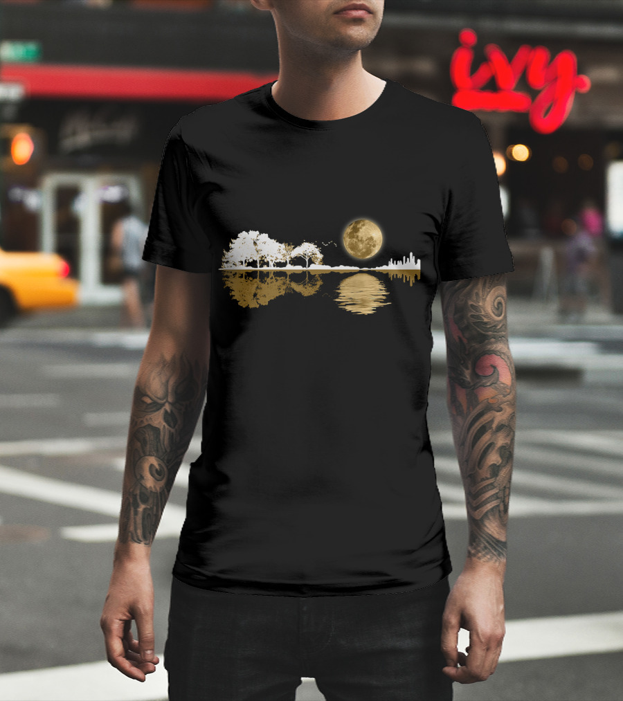 Acoustic Guitar Player Birthday Moonlit Lakeside Reflection T-Shirt