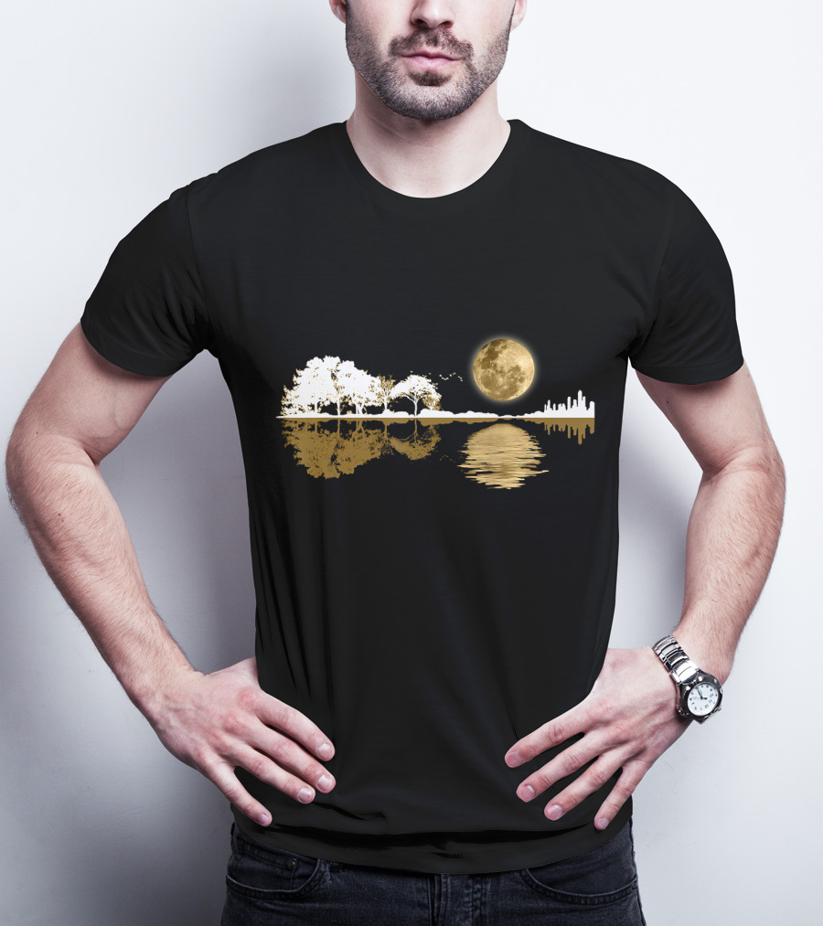 Acoustic Guitar Player Birthday Moonlit Lakeside Reflection T-Shirt