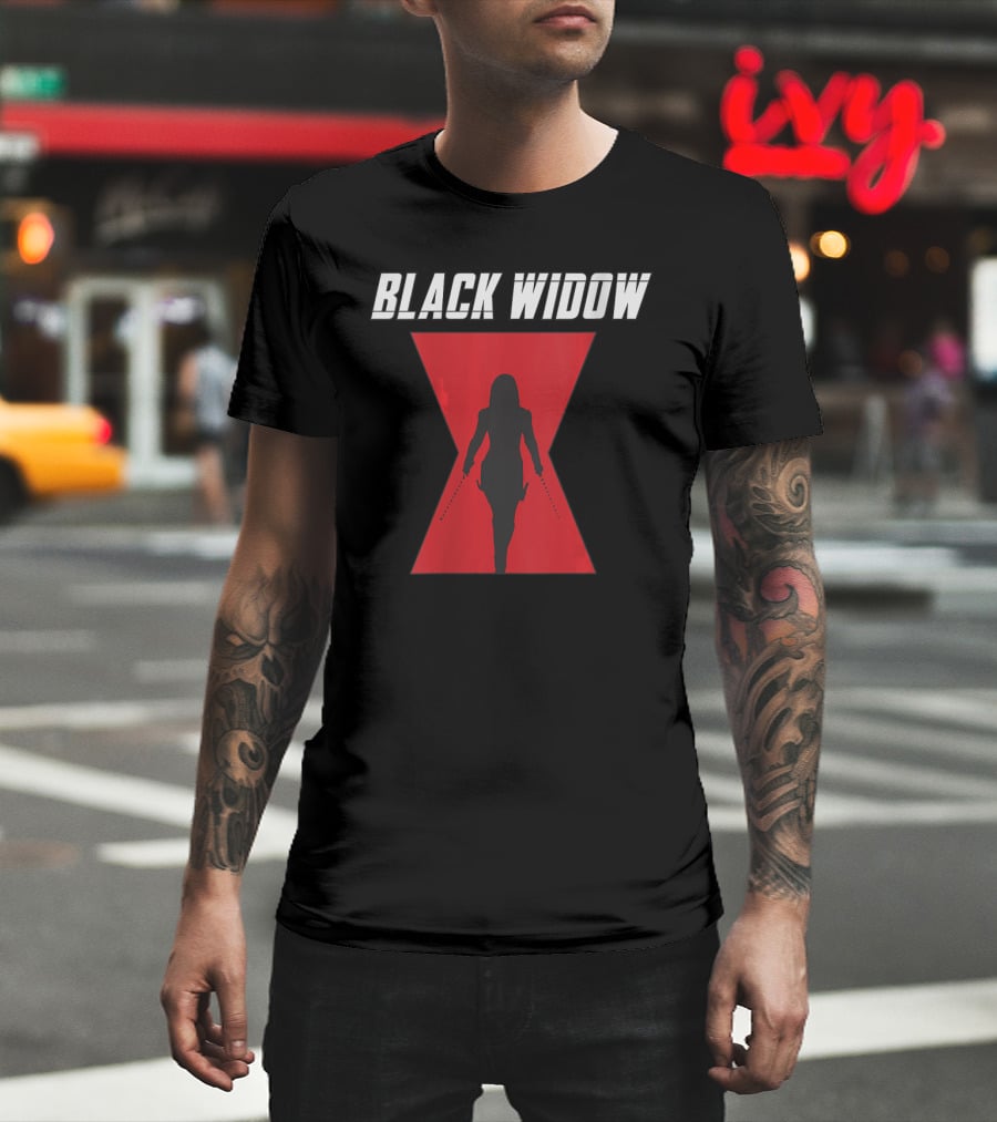Black Widow Silhouette Red Hourglass Emblem T-Shirt