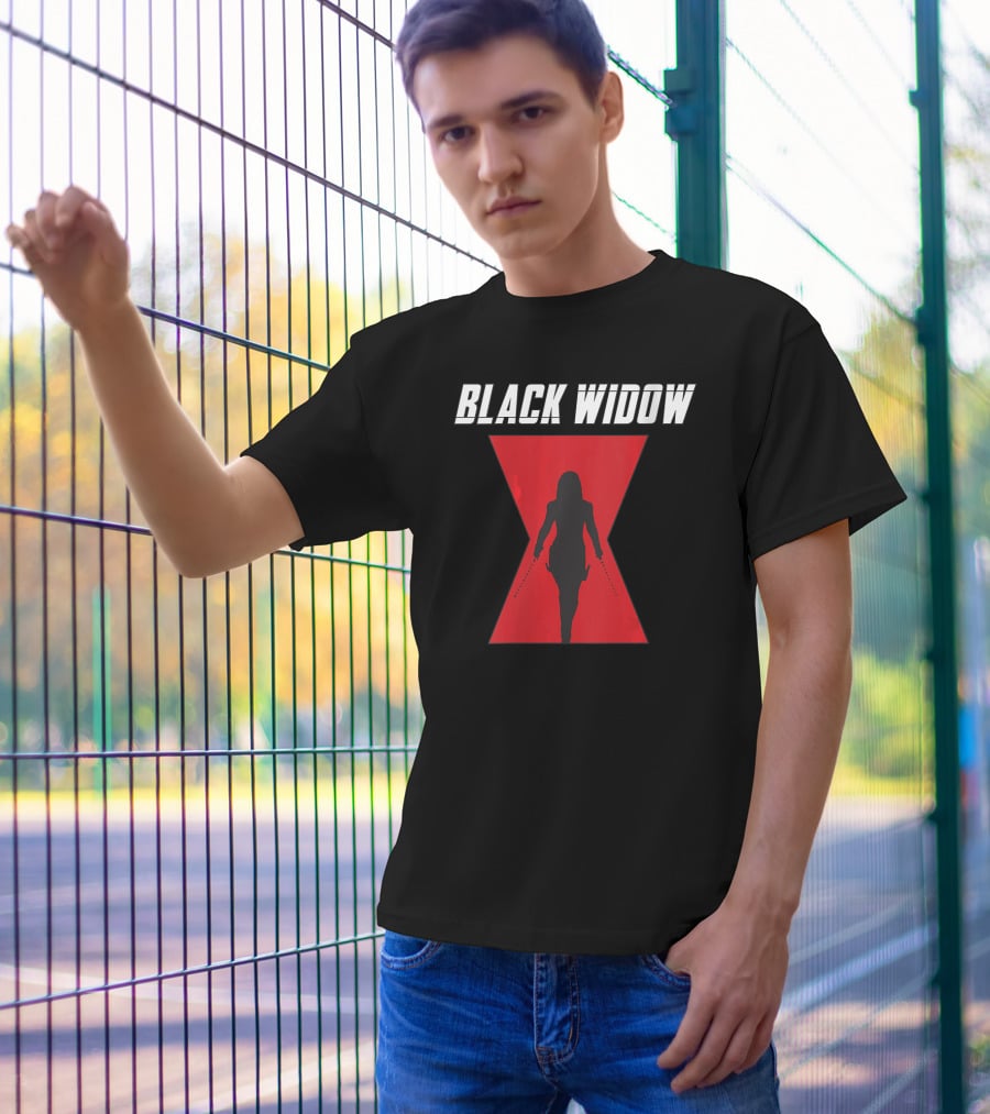 Black Widow Silhouette Red Hourglass Emblem T-Shirt