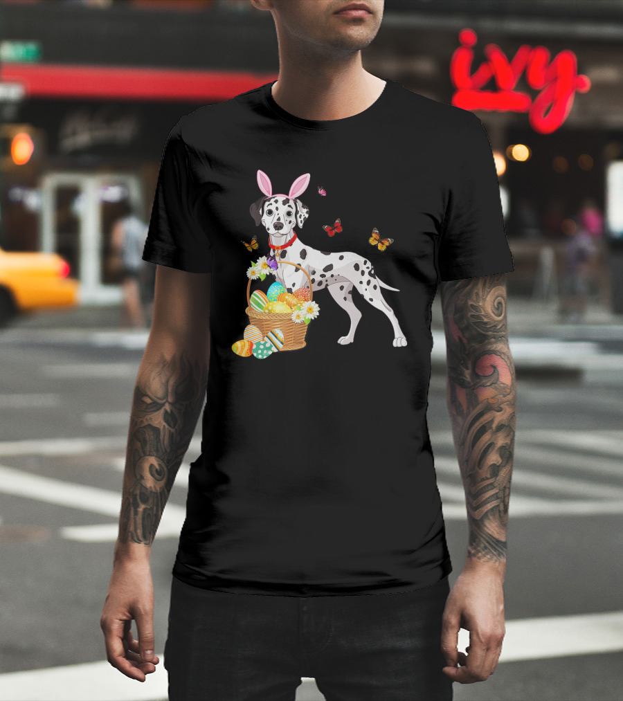 Dalmatian With Bunny Ears Holding Easter Egg Basket And Butterflies T-Shirt