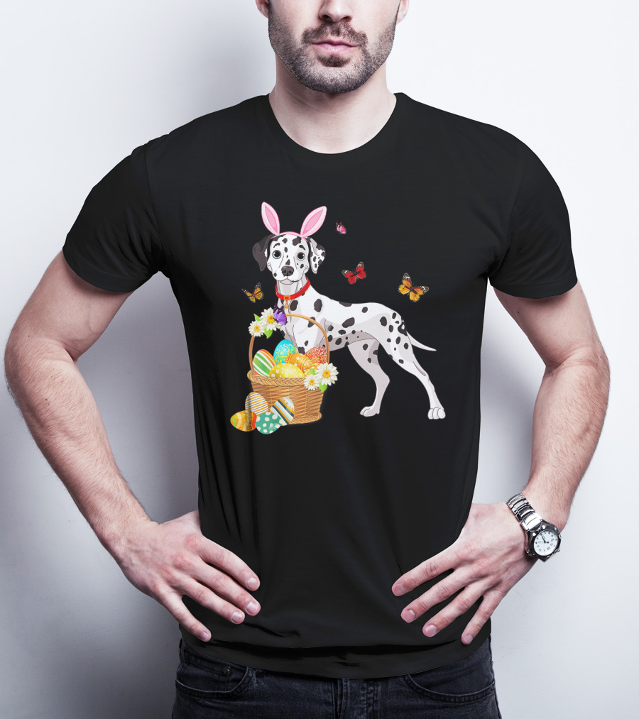 Dalmatian With Bunny Ears Holding Easter Egg Basket And Butterflies T-Shirt