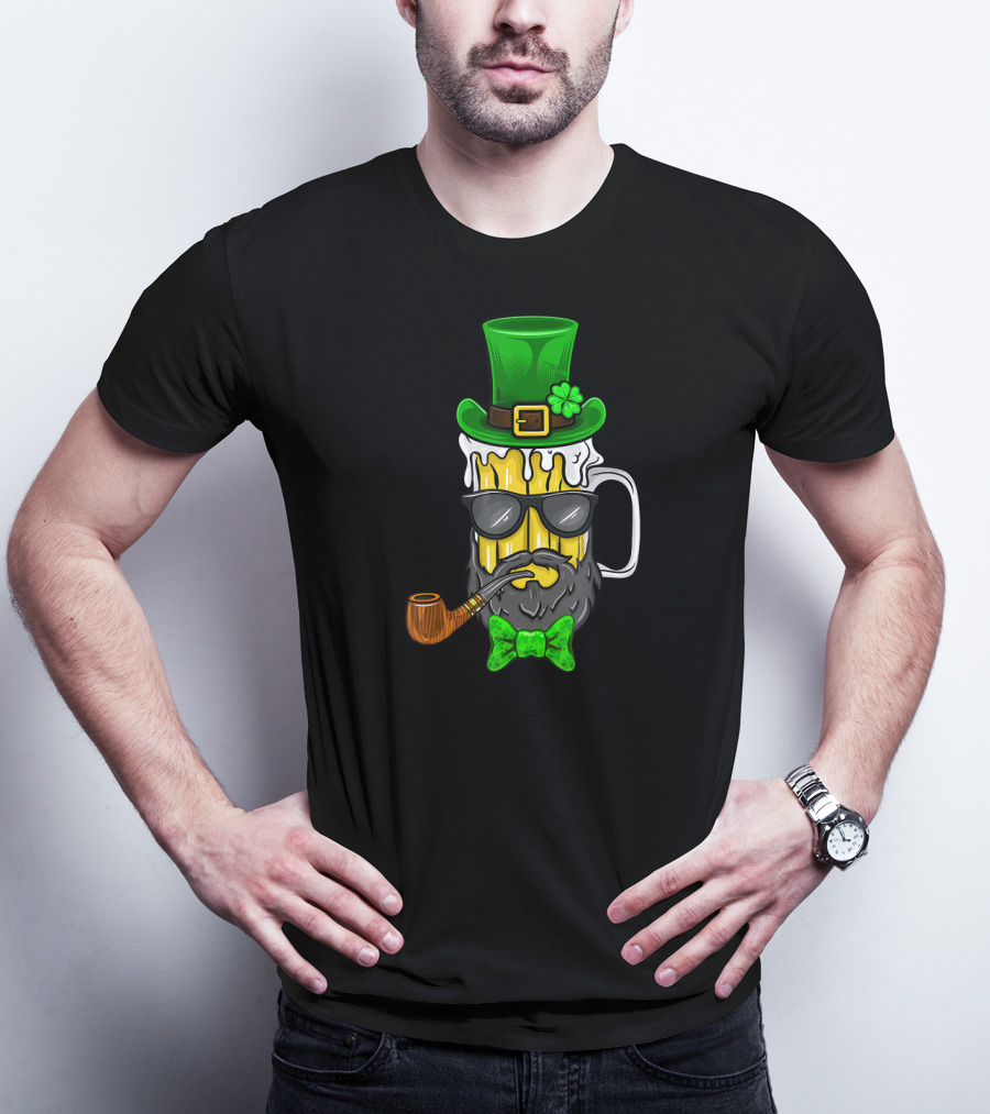 St Patricks Day Leprechaun Beer Mug With Beard And Green Hat T-Shirt
