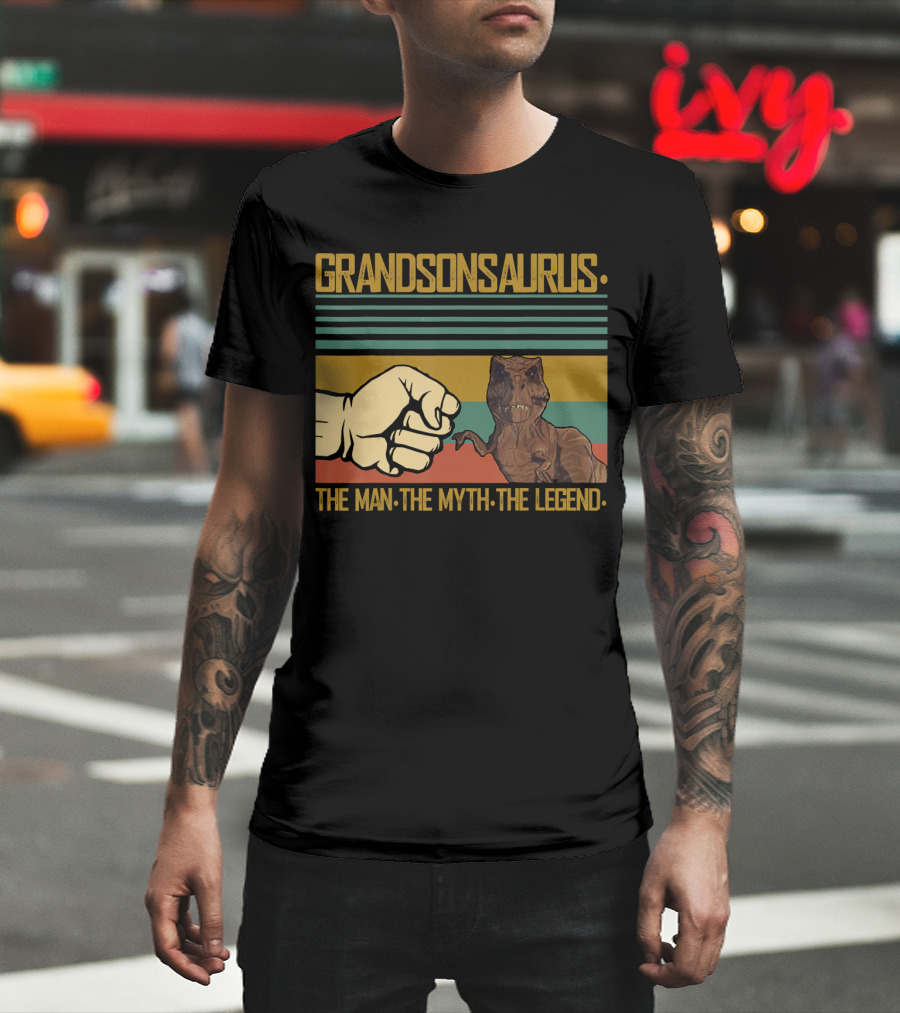 Grandsonsaurus The Man The Myth The Legend Dinosaur Fist Retro Stripes T-Shirt