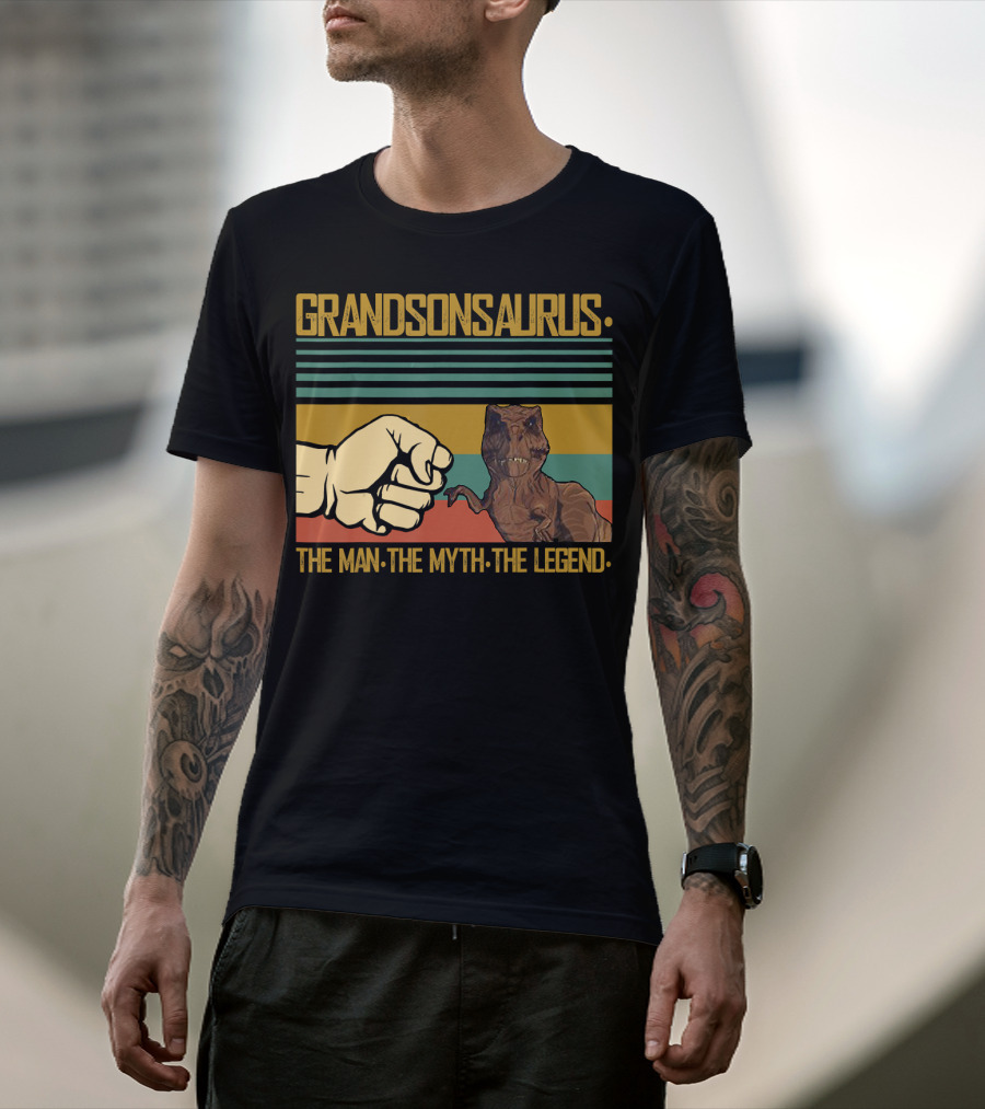 Grandsonsaurus The Man The Myth The Legend Dinosaur Fist Retro Stripes T-Shirt