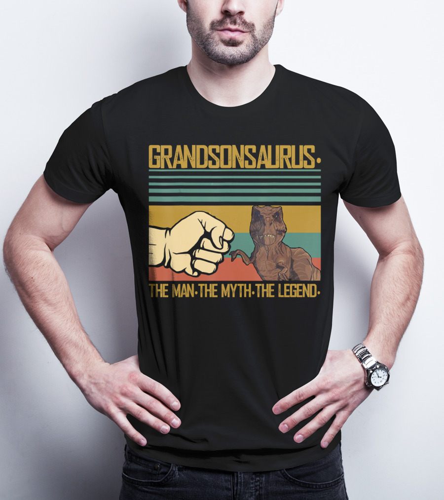 Grandsonsaurus The Man The Myth The Legend Dinosaur Fist Retro Stripes T-Shirt