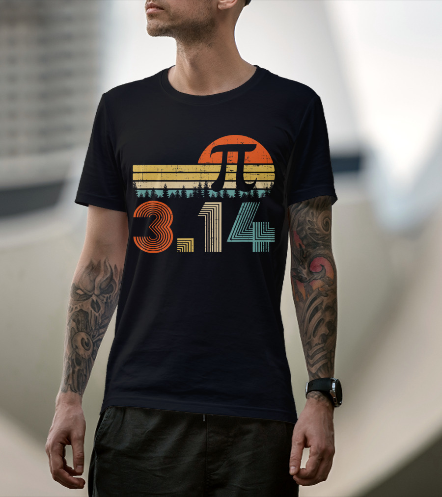 Pi Day Math Teacher 3.14 Retro Sunset Forest T-Shirt