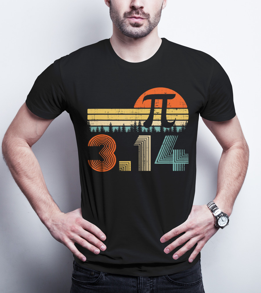 Pi Day Math Teacher 3.14 Retro Sunset Forest T-Shirt