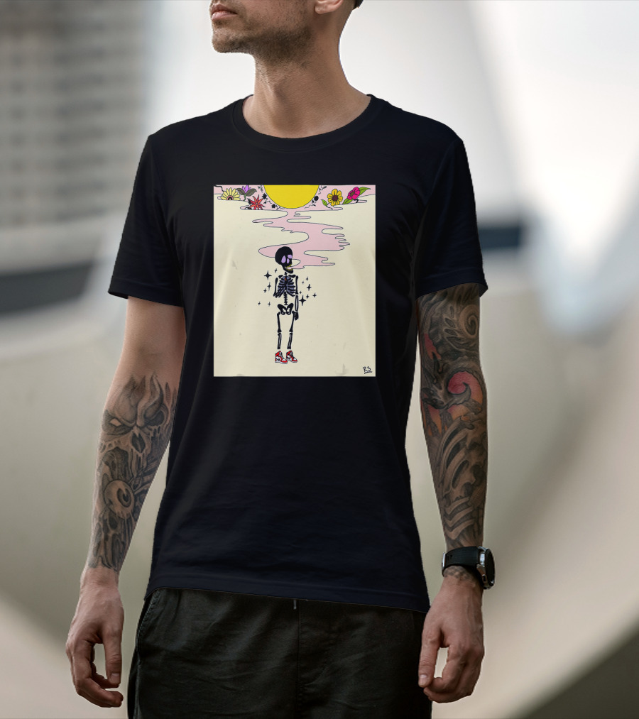 Smoking Skeleton Sun Flowers Sneakers Graphic Fashion T-Shirt