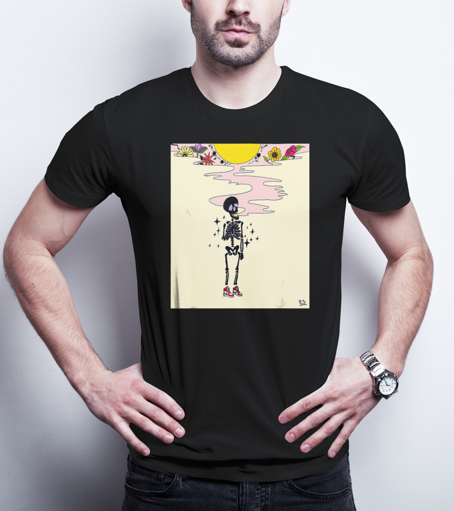 Smoking Skeleton Sun Flowers Sneakers Graphic Fashion T-Shirt