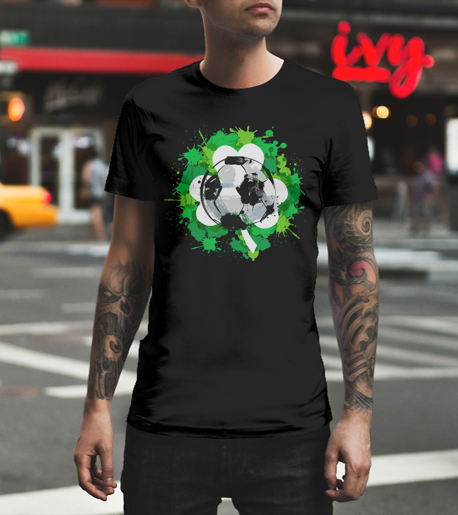 St Patrick's Day Soccer Ball Shamrock Green Splatter T-Shirt