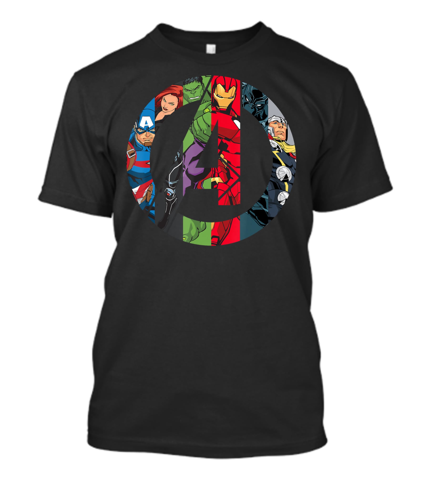 Marvel Avengers A Logo Captain America Black Widow Hulk Iron Man Thor T-Shirt