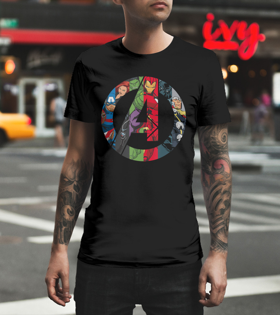 Marvel Avengers A Logo Captain America Black Widow Hulk Iron Man Thor T-Shirt