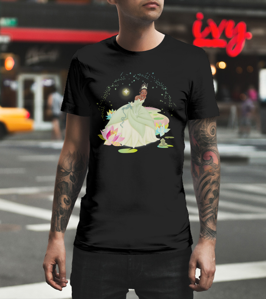 Disney The Princess And The Frog Tiana Bayou Magic Night Scene With Lily Pads And Frog T-Shirt