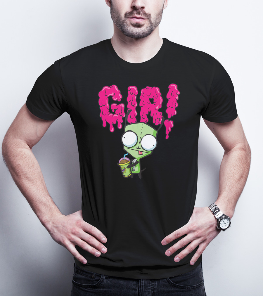Gir Slime Text Holding Slush Drink Invader Zim T-Shirt