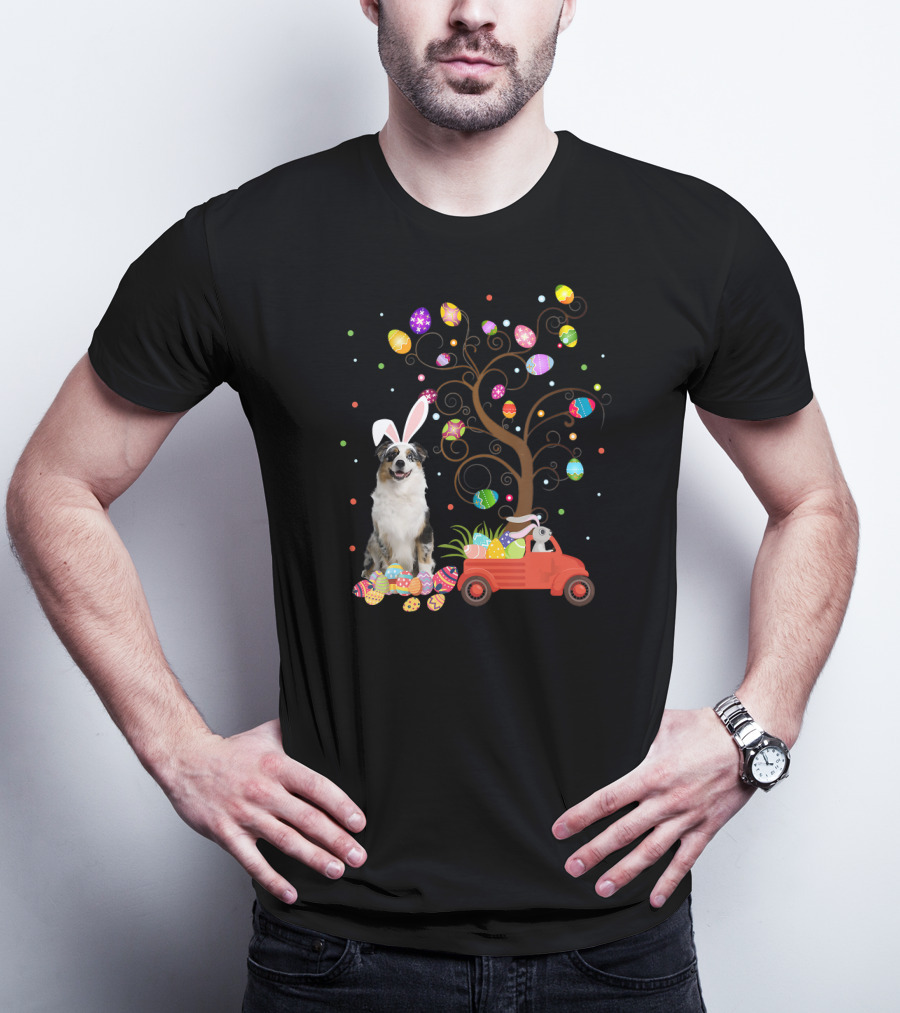 Australian Shepherd Bunny Ears Easter Eggs Tree Truck T-Shirt