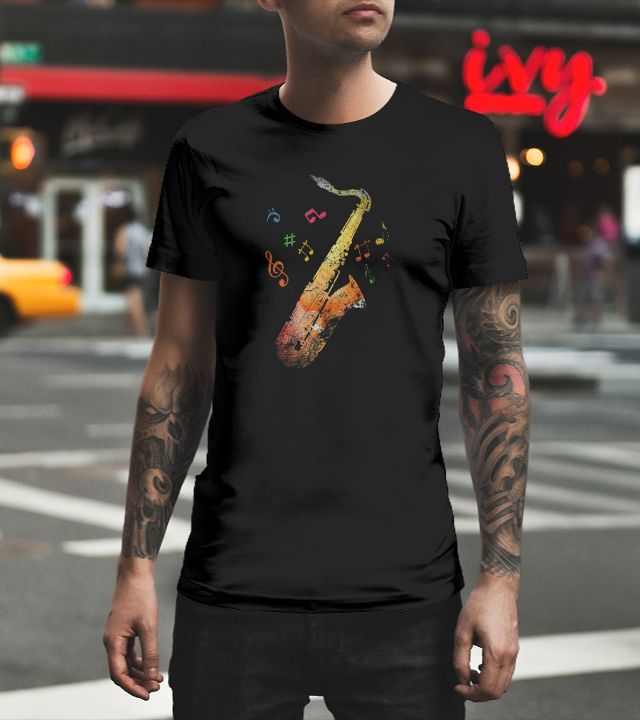 Vibrant Multicolored Music Notes With Saxophone T-Shirt