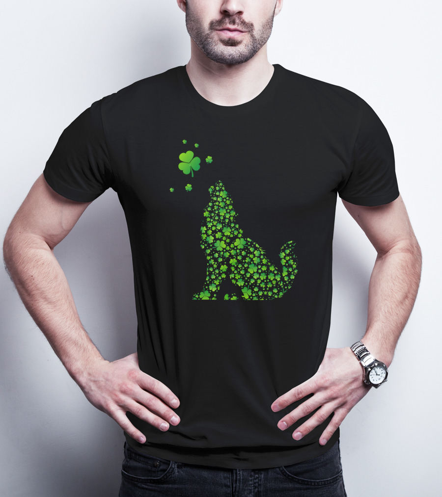 Shamrock Patterned Wolf With Clover Accents T-Shirt