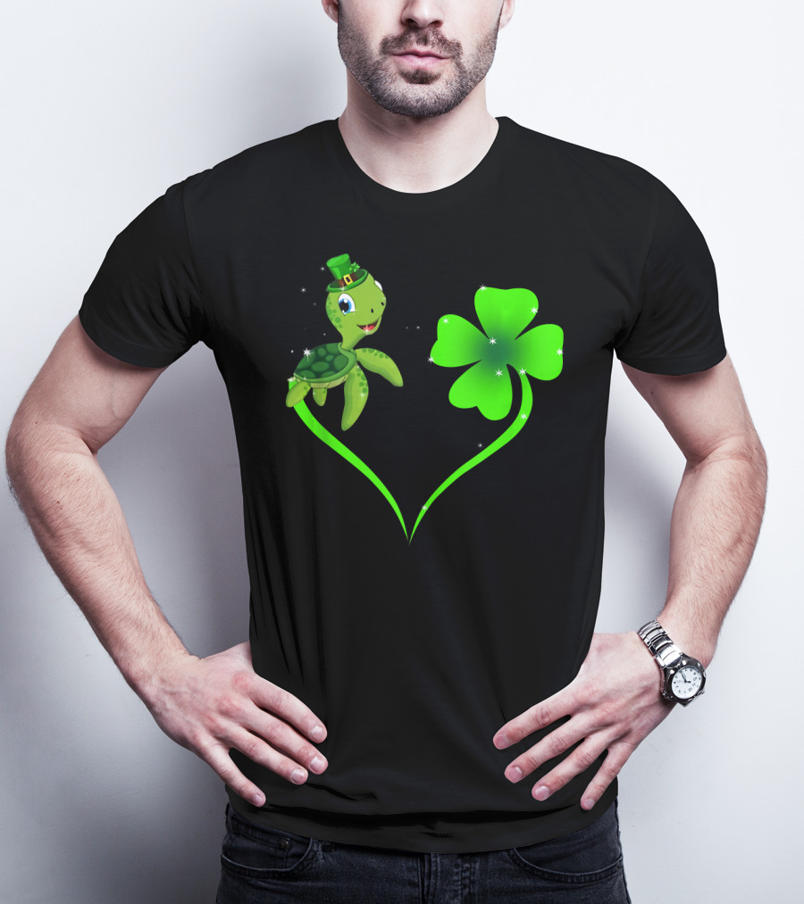 Happy St Patrick's Day Shamrock Turtle With Leprechaun Hat And Green Heart T-Shirt