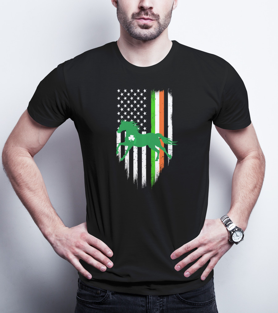 Green Horse Shamrock With Irish And US Flag St Patrick's Day T-Shirt