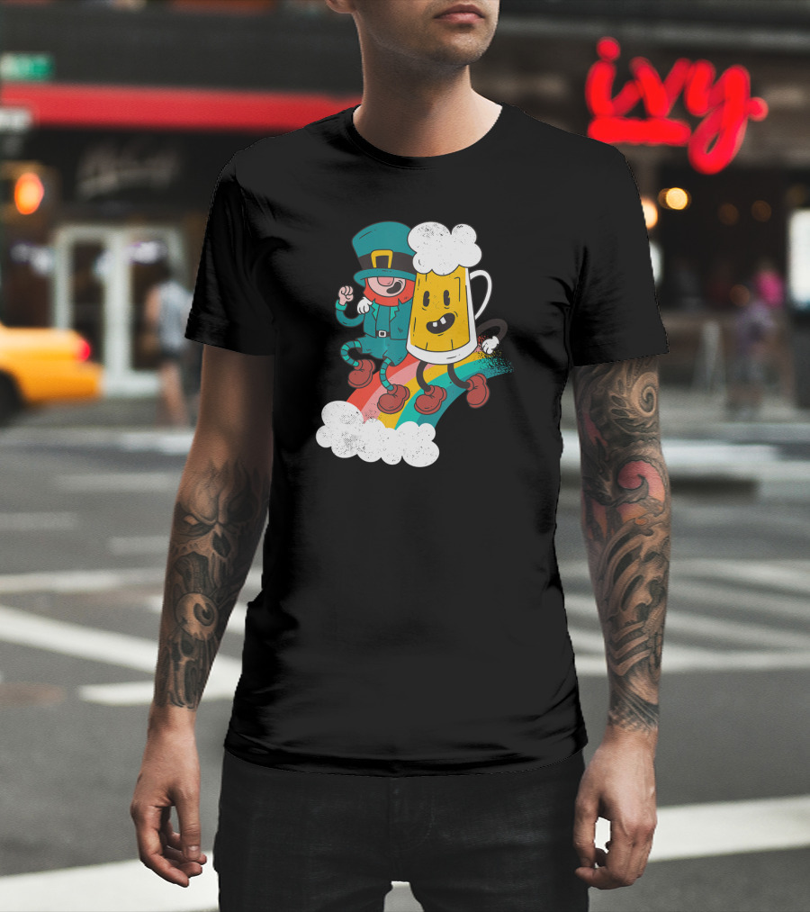 Leprechaun And Beer Besties Riding Rainbow With Clouds T-Shirt