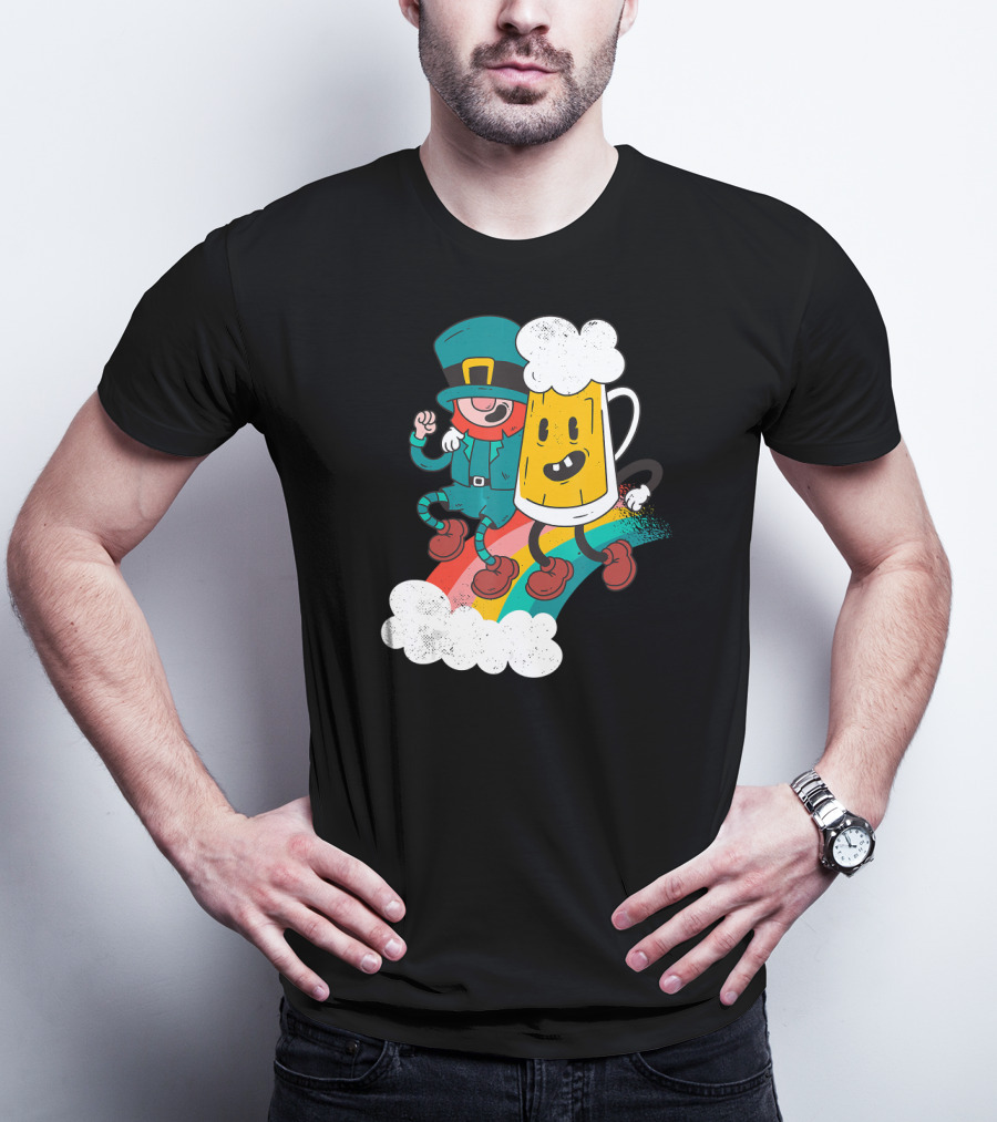 Leprechaun And Beer Besties Riding Rainbow With Clouds T-Shirt