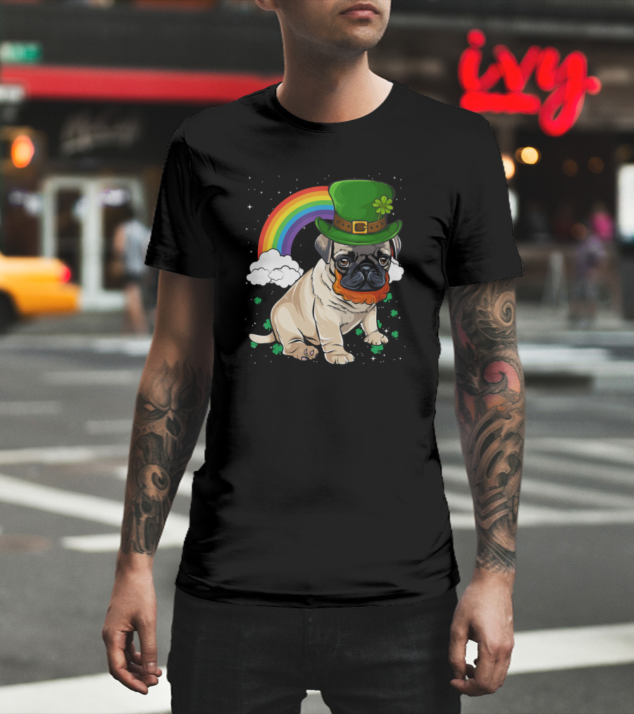 Pug St Patricks Day Leprechaun Hat Rainbow T-Shirt
