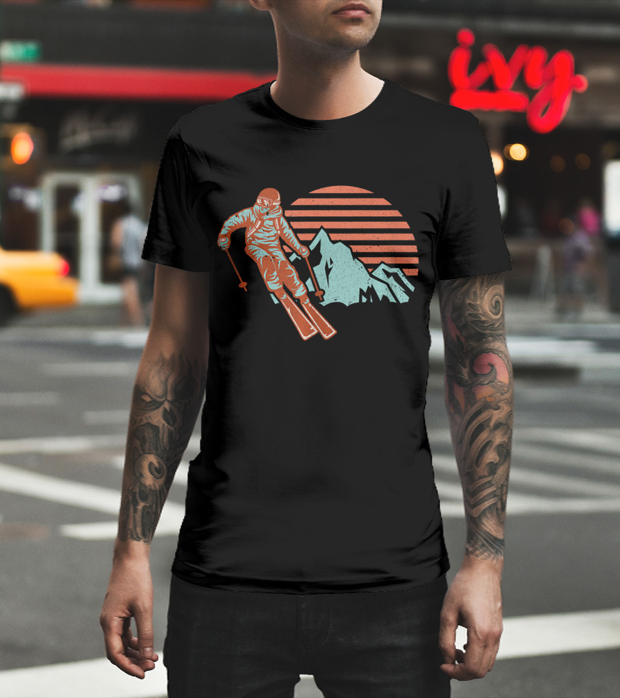 Retro Ski Vintage Ski Mountain Sunset Skier T-Shirt