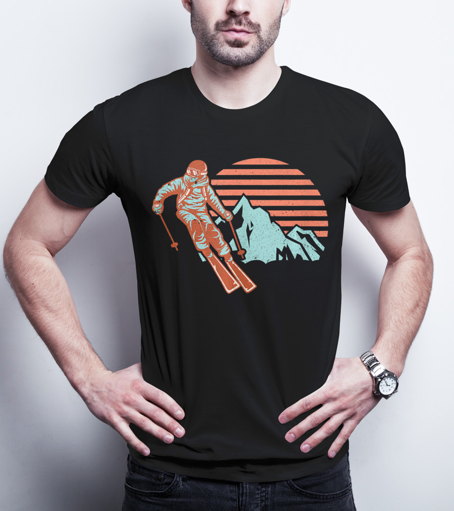 Retro Ski Vintage Ski Mountain Sunset Skier T-Shirt