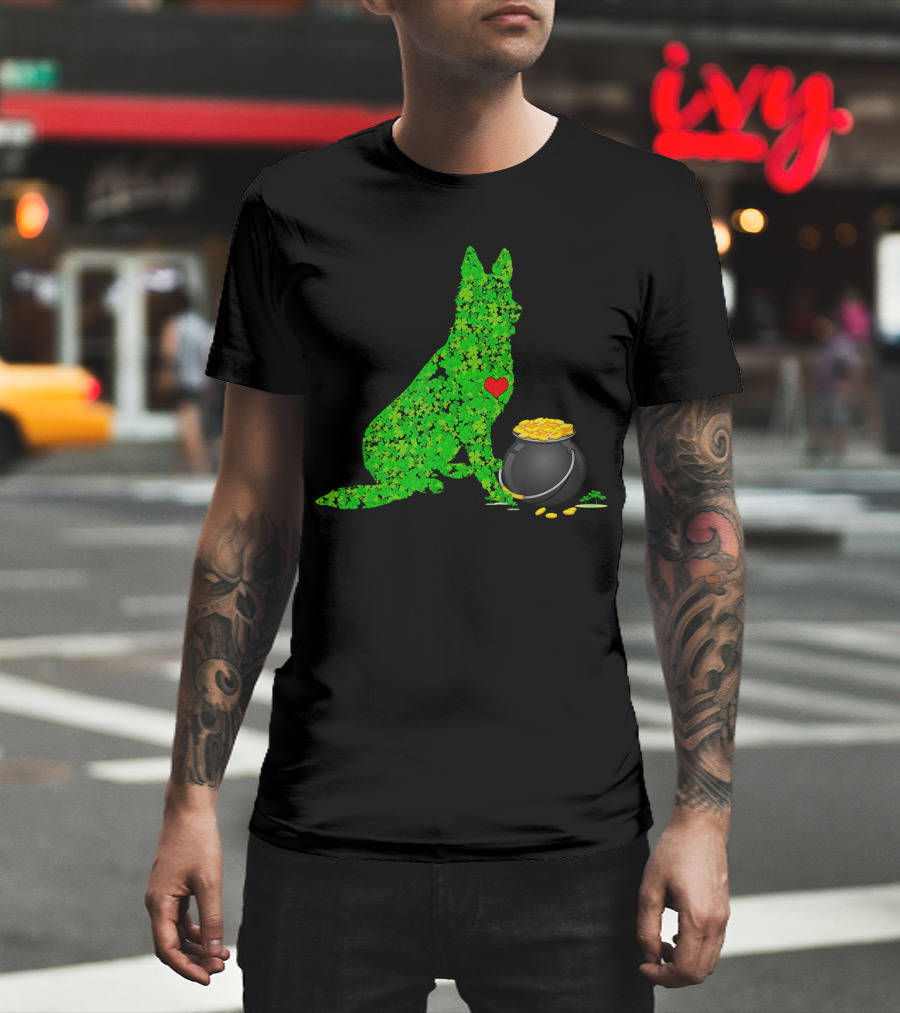 St Patricks Day Shamrock German Shepherd With Pot Of Gold T-Shirt